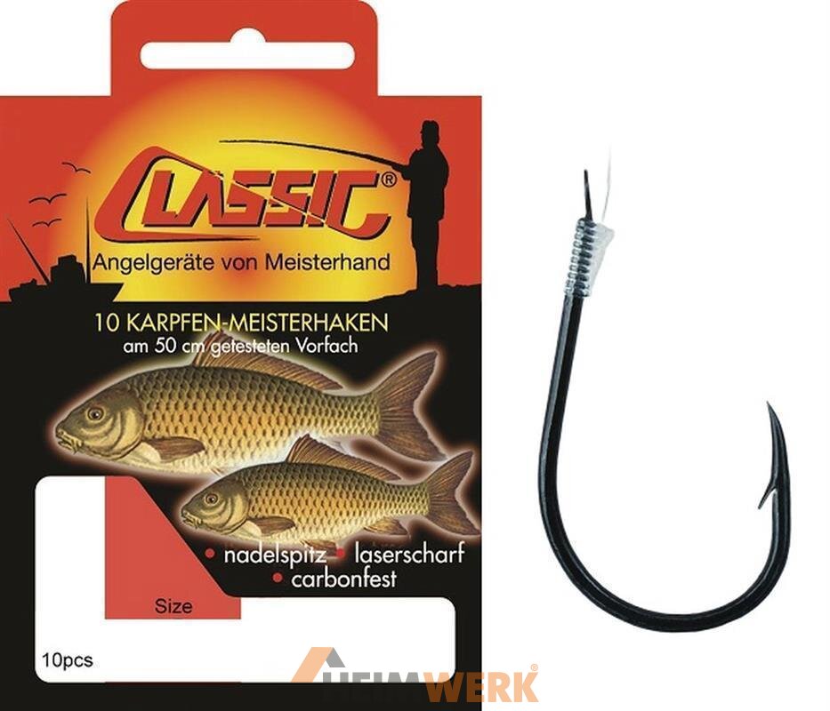 Classic Karpfenhaken 10er schwarz Größe 1 gebunden 50cm PALADIN